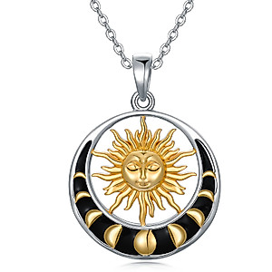 PROESS Sun and Moon Necklace Sterling Silver Moon Phase Crescent Pendant Moon and Sun Jewelry for Women Couples Friends