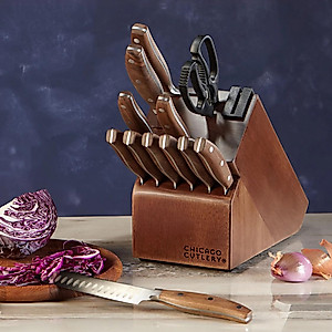Chicago Cutlery Signature Edge Steel 13-Piece Kitchen Knife Block Set With Wooden Block & Built-In Sharpener, Ergonomic Handles and Stainless Steel Professional Chef Knife Set & Scissors in Walnut