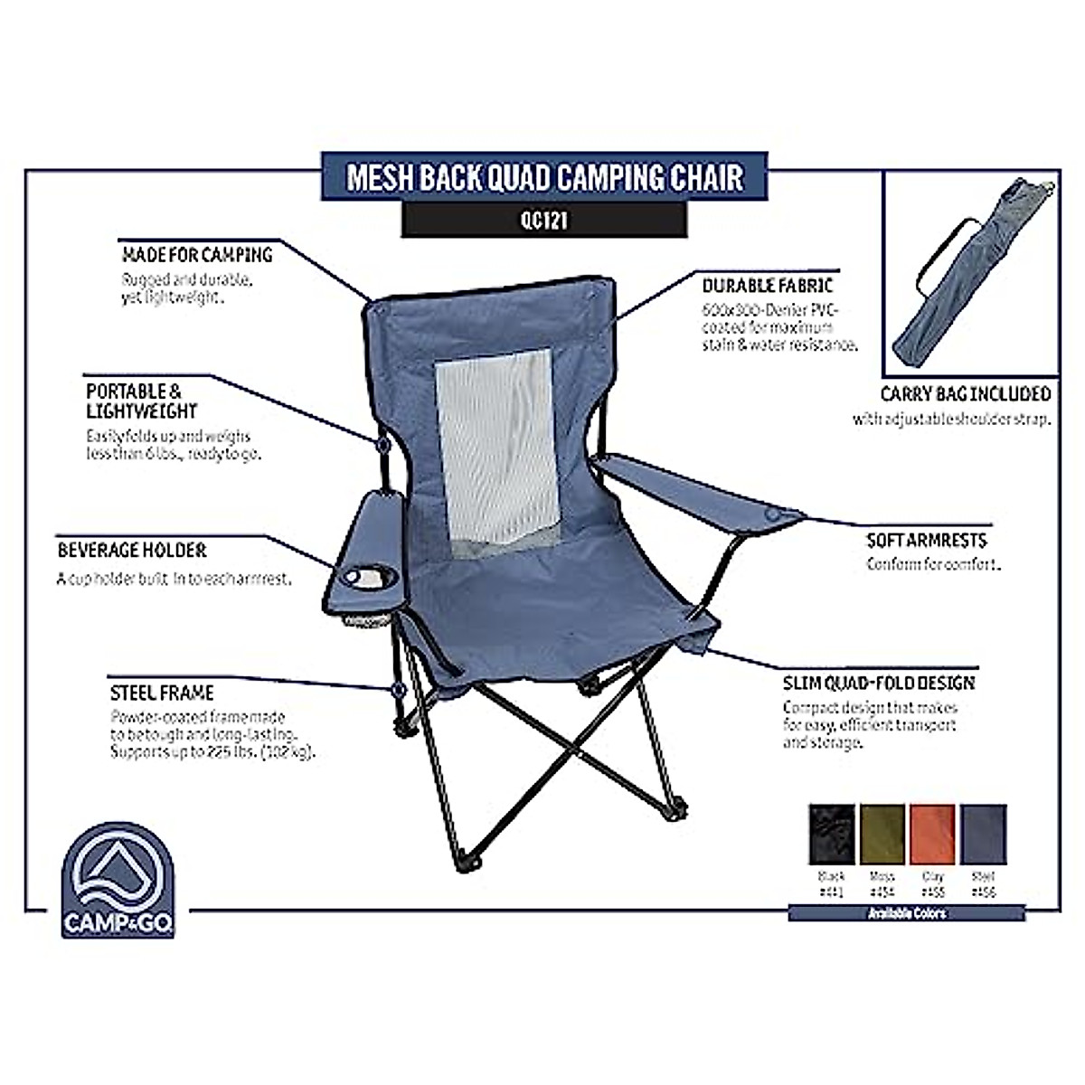 CAMP&GO Portable Folding Mesh Back Quad Camping Chair with Cup Holders and Carrying Bag, Steel
