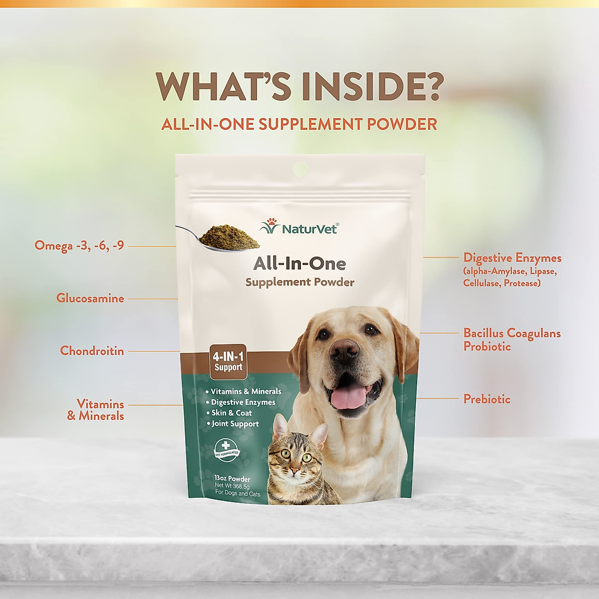 NaturVet Aller-911 Advanced Allergy Aid Formula Powder for Dogs and Cats 9 oz Powder & All-in-One Dog Supplement for Joint Support, Digestion, Skin, Coat Care – Dog Multivitamins – 13-Ounce Powder