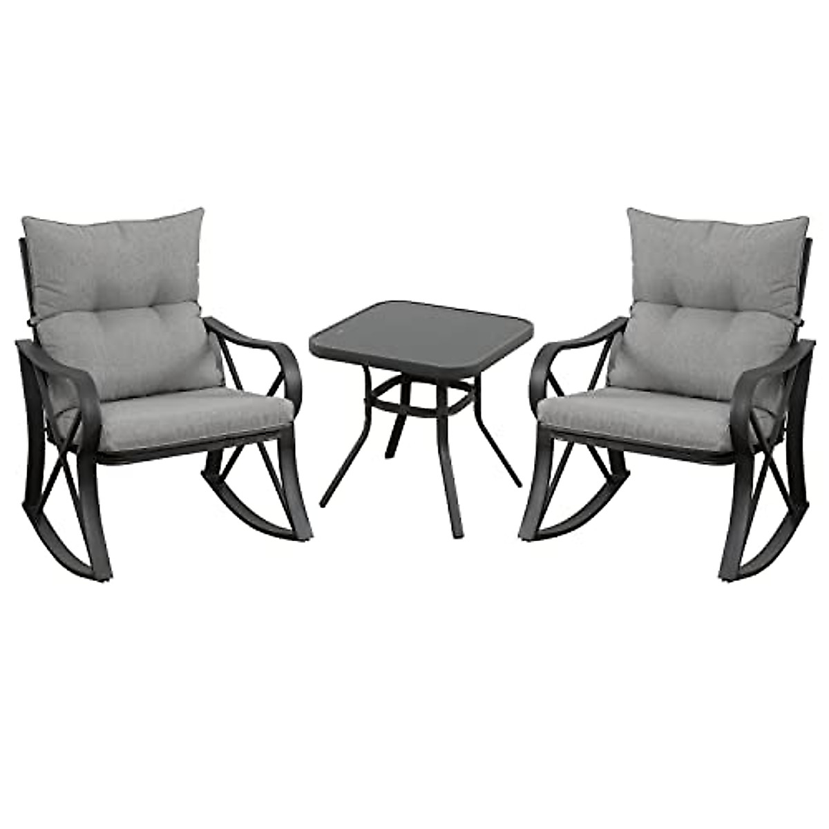HOMPUS 3-Piece Outdoor Rocking Chairs Bistro Set Wicker Patio Furniture Set Metal Frame Patio Rockes Set w Gray Cushions, Front Porch Rocking Chairs with Glass Coffee Table for Balcony,Garden