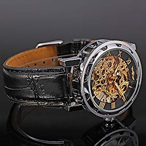 Gute Luxury Steampunk Bling Automatic Mechanical Wristwatch Golden Bezel Minimalist Stainless Steel (Black-Gold)
