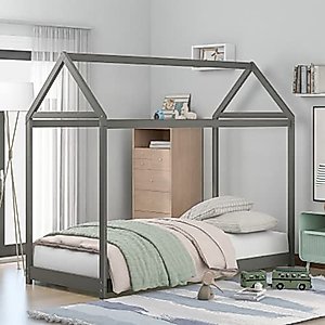 P PURLOVE Twin House Floor Bed Frame for Kids,Girls,Boys,Twin Size Montessori Floor Bed Frame with Roof,Twin Platform Bed Frame with Slat,Gray
