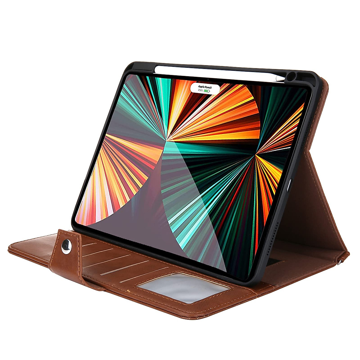 iPad Pro 12.9 inch 2022/2021/2020/2018 PU Leather Case with Apple Pencil Holder Auto Wake/Sleep Shoulder Strap for iPad Pro 12.9 6th/5th/4th/3rd Generation (Brown)