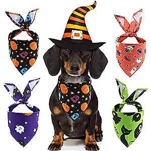 Halloween Dog Bandanas, 4 Pack Triangle Scarves Bibs for Dogs, Adjustable Premium Durable Fabric, Pumpkin Ghost Witch Horror Holiday Pet Bandanas for Small Medium Large Dogs Cats Pets