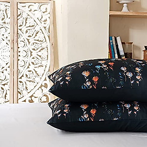 Sheleep Black Floral Duvet Cover Set 3 Pieces Bedding Soft Lightweight Brushed Microfiber Bedding , 1 Duvet Cover 2 Pillow Shams, Queen, Colorful Leaf