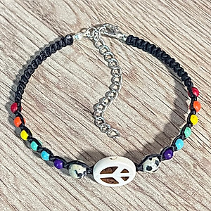 Nove Jewelry Leather Peace Sign Hemp Bracelet - Handmade Bracelet - Adjustable Bracelet (Raibbow White)