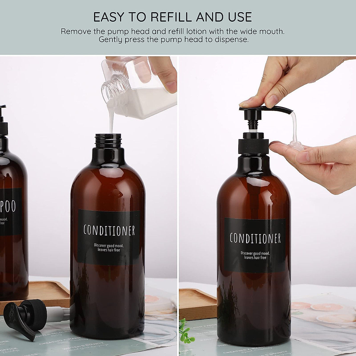 Segbeauty 32oz Shampoo Bottle, Empty Shampoo and Conditioner Bottle with Pump, 3pcs 1Liter Shampoo Dispenser Bottle for Body Soap Conditioner, Labeled Brown Plastic Press Dispenser Refillable