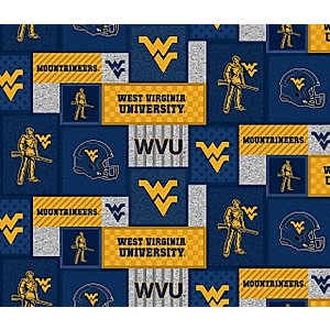 SYKEL ENTERPRISES WEST Virginia University Fleece Blanket Fabric-WEST Virginia Mountaineers Fleece Fabric with New Patch Pattern-Sold by The Yard