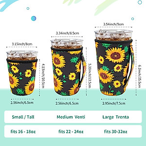 AJLTPA Iced Coffee Sleeve Insulator Sleeves for Cold Drinks Beverages, 3 Pack Reusable Neoprene Cup Sleeve with Handle for 16-32oz Coffee cups（Black Sunflower）