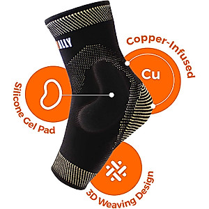 NeoAlly Copper Ankle Support Brace Compression Sleeve with Silicone Gel Reduce Foot Swelling Pain Relief from Plantar Fasciitis and Achilles Tendon (Medium - 1 Pair)