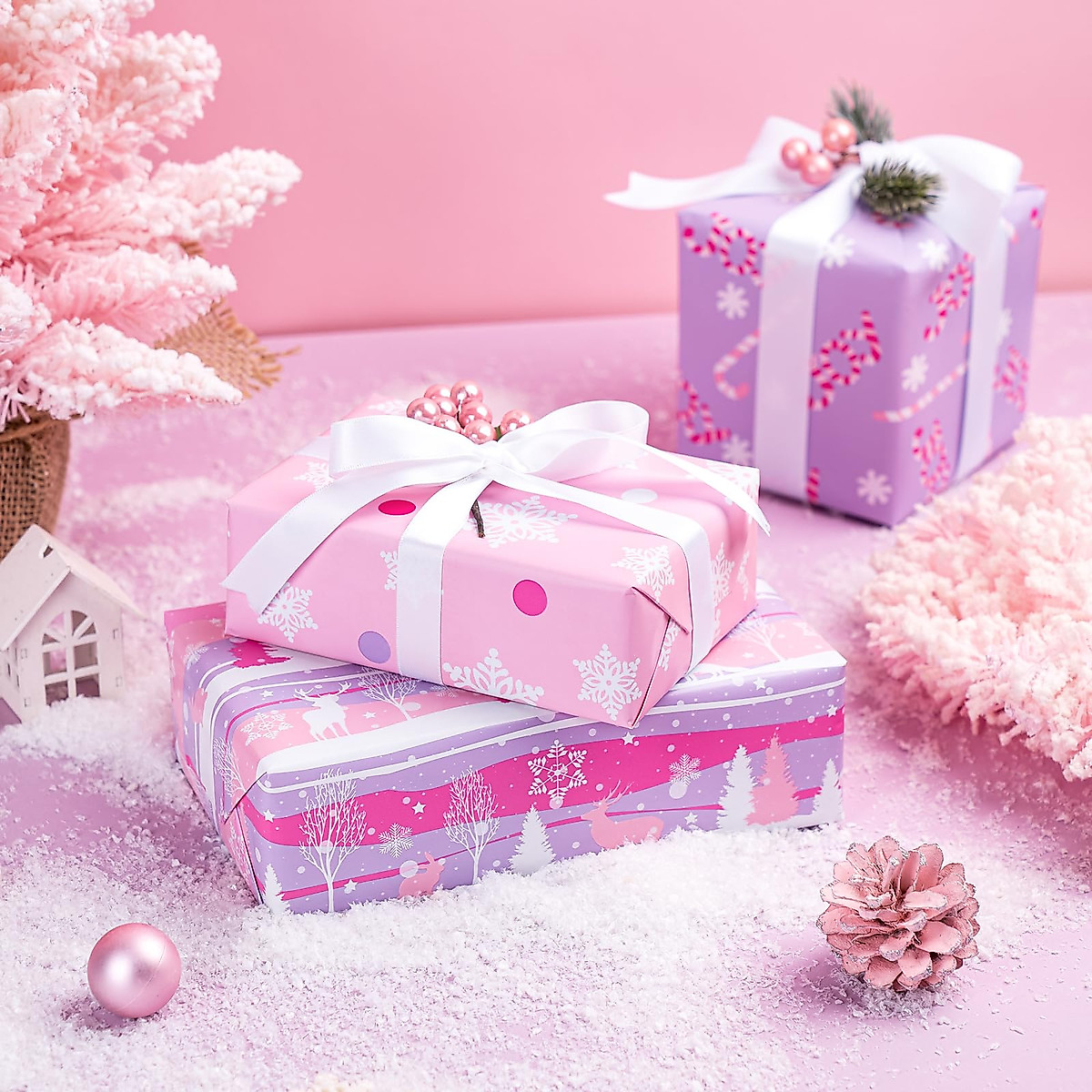 WRAPAHOLIC Christmas Wrapping Paper Roll - Mini Roll - 3 Rolls - 17 Inch X 120 Inch Per Roll - Pastel Pink and Purple Reindeer, Candy Cane with JOY, Snowflake Holiday Collection