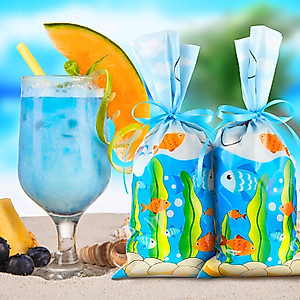 100 Pieces Fishing Party Cellophane Bags Fish Hook Seaweed Treat Bags with a Roll of Blue Ribbon for Candy Chocolate Snacks Cookies Fishing Party Decoration Supplies