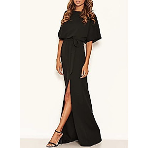 Happy Sailed Womens Batwing Sleeve Tie Waist Long Maxi Dress Side Split Formal Party Dresses Evening Gown Black X-Large