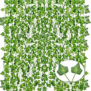 12 Pack Artificial Ivy Fake Vines for Bedroom Aesthetic, 84 Feet, Greenery Leaves UV Resistant, Hanging Plant Decoration for Wedding, Party, Garden, Office, Wall. Vine Garland