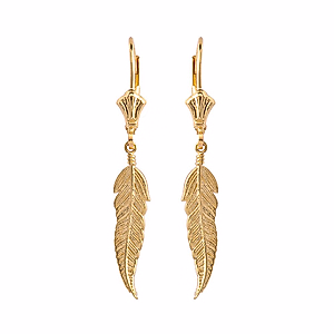 Certified 10k Yellow Gold Native American Feather Leaf Dangle Earrings
