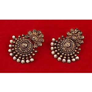 Touchstone Indian bollywood ancient southern gold jewelry inspired bridal jewelry earrings with faux pearls for women in antique tone and oxidized.