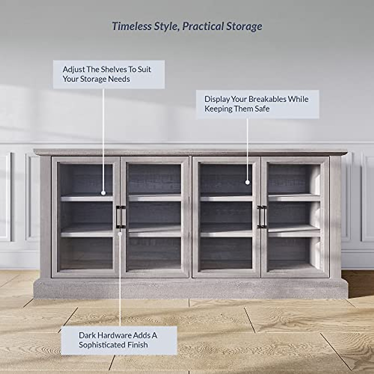 BELLEZE 70 Inch Sideboard Buffet Cabinet, Entertainment Center with Storage, Glass Display Cabinet with Adjustable Shelves Console Table Storage Cabinet for Living Room, Dining Room, Stone Gray