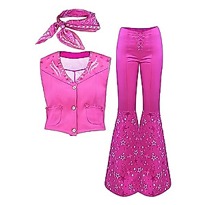 70s 80s Hippie Disco Costume Pink Flare Pant Halloween Cosplay For Women Girls (Color : Barbie, Size : 110)