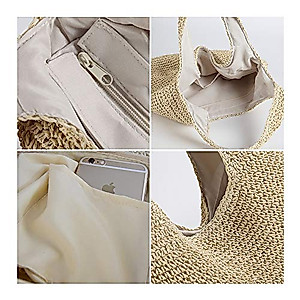QTKJ Hand-woven Soft Large Straw Shoulder Bag Boho Straw Handle Tote Retro Summer Beach Bag Rattan Handbag (Beige)