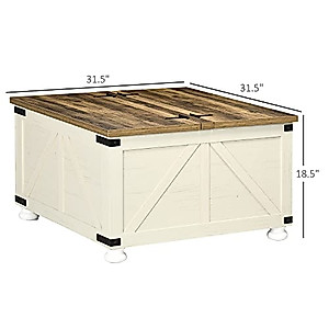 HOMCOM Farmhouse Coffee Table, Square Coffee Table with Storage for Living Room, Center Table with Hinged Flip Lift Top and Hidden Space, Antique White