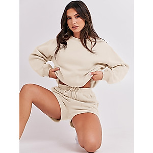 ANRABESS Women 2 Piece Outfits Sweat Shorts Sets 2025 Oversized Casual Lounge Matching Set Sweatsuit Tracksuit Clothes Apricot Small