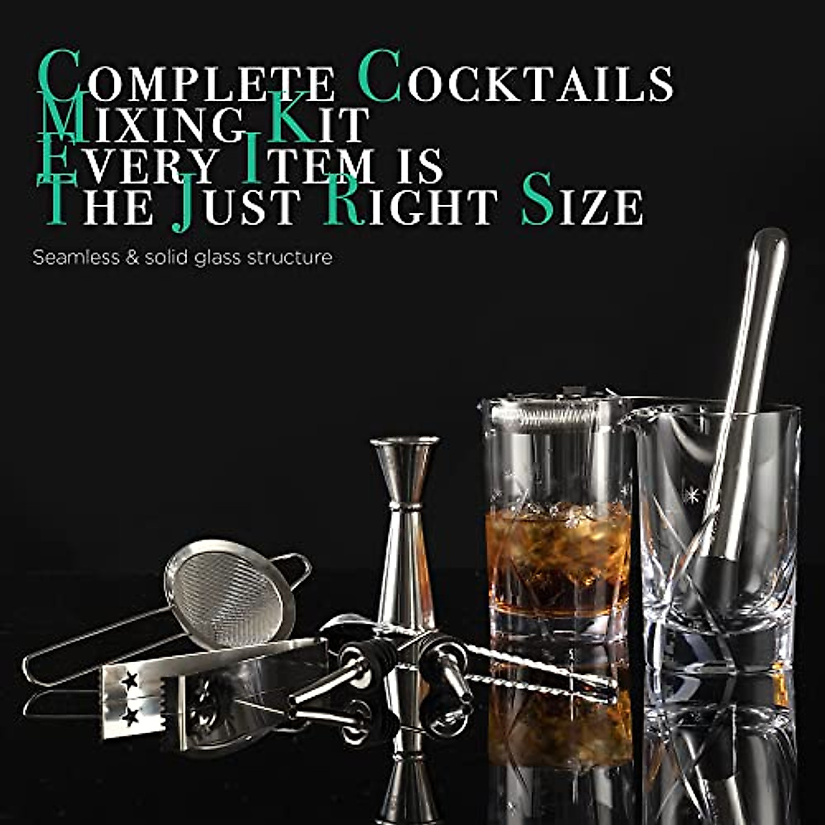 Homestia Cocktail Mixing Glass Set Crystal Barware, Full Bar Set Drink Kit 9 PCS: 24oz Bar Mixing Glass, 10" Bar Muddler, Jigger, 12" Stirring Spoon, Cocktail Strainers, Bottle Pourers, Ice Tong