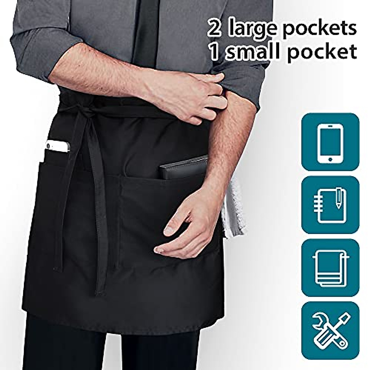 ROTANET Server Aprons Black Half Bistro Apron with 3 Pockets 22 Inch Waiter Waitress Long waist Apron for Men Women Waterpoof