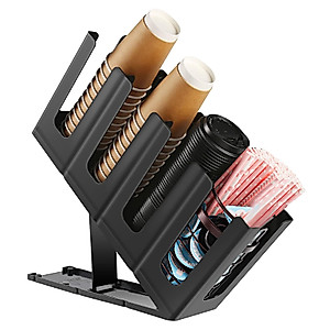 MIDYOO Coffee Station Organizer for Disposable Cup and Lid,4 Compartment Adjustable Cup Holder Dispenser with Coffee Pod and Straw Storage Basket, Coffee Bar Accessories