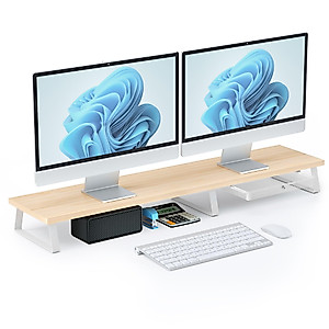 Large Dual Monitor Stand Riser - Monitor Stand for 2 Monitors, Wooden Computer Stand For Desk with Metal Legs, Desk Organizers and Storage With Drawer, Desk Shelf for Computer/Laptop/Printer/TV, Oak