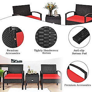 Tangkula 3 Pieces Patio Wicker Conversation Set, Outdoor Rattan Furniture with Washable Thick Cushion & Coffee Table w/Storage Space, Patio Furniture Set for Backyard Porch Garden Poolside (Red)