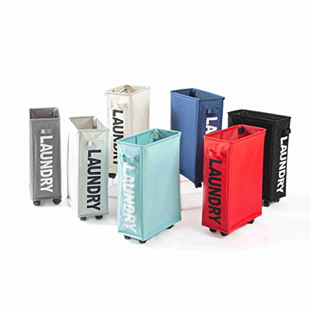 ZHOUDUN ZD-WD3-053-WHITE Slim Laundry Basket with Wheels Laundry Hamper with Leather Handle Foldable Corner Storage Bins with Removable Wash Bag Waterproof Clothes hamper Fabric baskets for Rolling