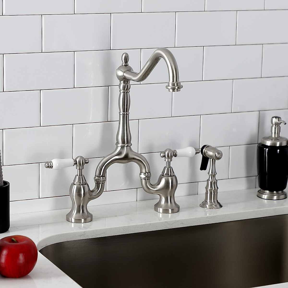 Kingston Brass KS7758PLBS English Country Bridge Kitchen Faucet, Brushed Nickel