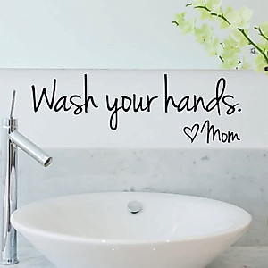 DIY Bathroom Decor Wall Stickers, Wash Your Hands Mom Quote Wall Decals Bathroom Wall Decor, Easy to Peel and Stick Wallpaper Vinyl Saying Wall Art Decor for Kids Bathrooms Home Decoration