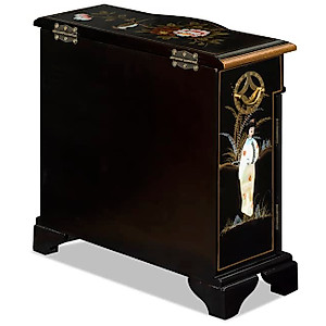 ChinaFurnitureOnline Wooden Oriental Jewelry Chest, Black Lacquer Chinoiserie with Pearl Maidens
