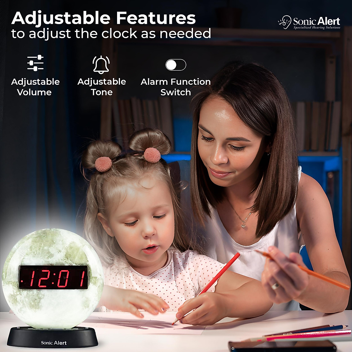 Sonic Alert Moon Alarm Clock Nightlight | Soft Ambient Light for Children in The Dark | Recordable Alarm Clock for Heavy Sleepers | Built-in Speake, Aux Connection