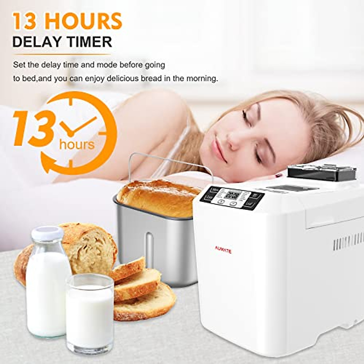 Bread Machine,AUMATE 2LB Bread Maker,with 12 Presets,Gluten-Free Setting,Auto Fruit Nut Dispenser & Nonstick Pan,2 Loaf Sizes,13H Reserve & 1H Keep Warm (Milky White)