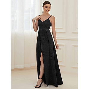 Ever-Pretty Women's Spaghetti Straps V-Neck Sleeveless Split A-Line Glitter Prom Dress Black US4