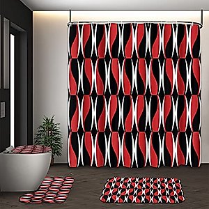 Red Black Geometric Shower Curtain Sets with Toilet Lid Cover and Non-Slip Rugs, Zigzag Chain Round Wave Simple 4 Pcs Shower Curtains for Bathroom, Modern Abstract Bathroom Decor