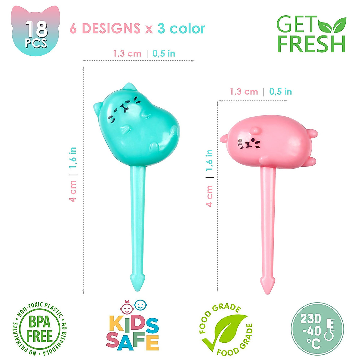 GET FRESH Animal Food Picks for Kids – 18-pcs Cat Food Picks for Toddlers Lunch Decoration – Cute Cat Bento Toothpicks for Children – Reusable Kids Foods Picks Toothpicks Set for Bento Deco