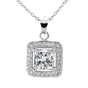 Cate & Chloe Ivy 18k White Gold Plated Princess Cut Halo Pendant Necklace - Silver Halo Necklace w/Solitaire Square Cut Cubic Zirconia Diamond - Wedding Anniversary