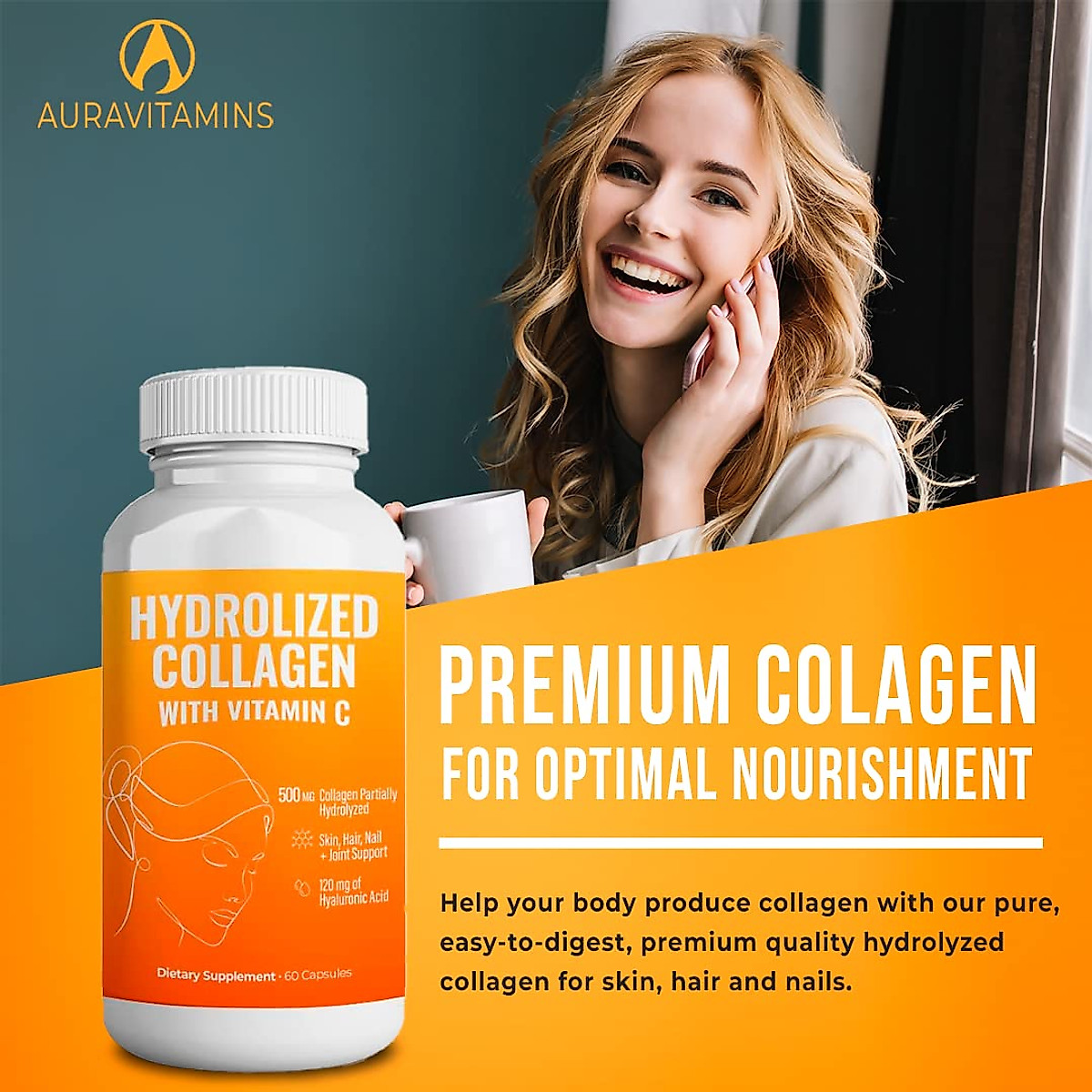 Aura Vitamin Hydrolyzed Collagen with Vitamin C Capsules 500mg Great Energy | Skin, Hair and Nail Support | Hyaluronic Acid Pills - 60ct (1)