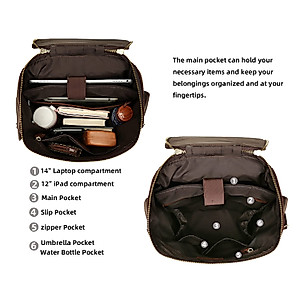 ZHYOL Genuine Leather Backpack for Men, 14'' Laptop Backpack Vintage Full Grain Leather School College Bookbag Large Capacity Business Office Work Bag Casual Travel Hiking Weekend Shoulder Daypack