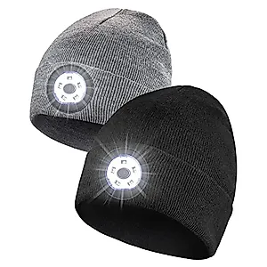 Unisex Beanie Hat with Light 2 Pack, 5 LED 3 Modes Rechargeable Hands Free Headlamp Hat, Knitted Hat with Light for Men Women Kid, Winter Men Gift Stocking Stuffers for Christmas Day (Black&Grey)