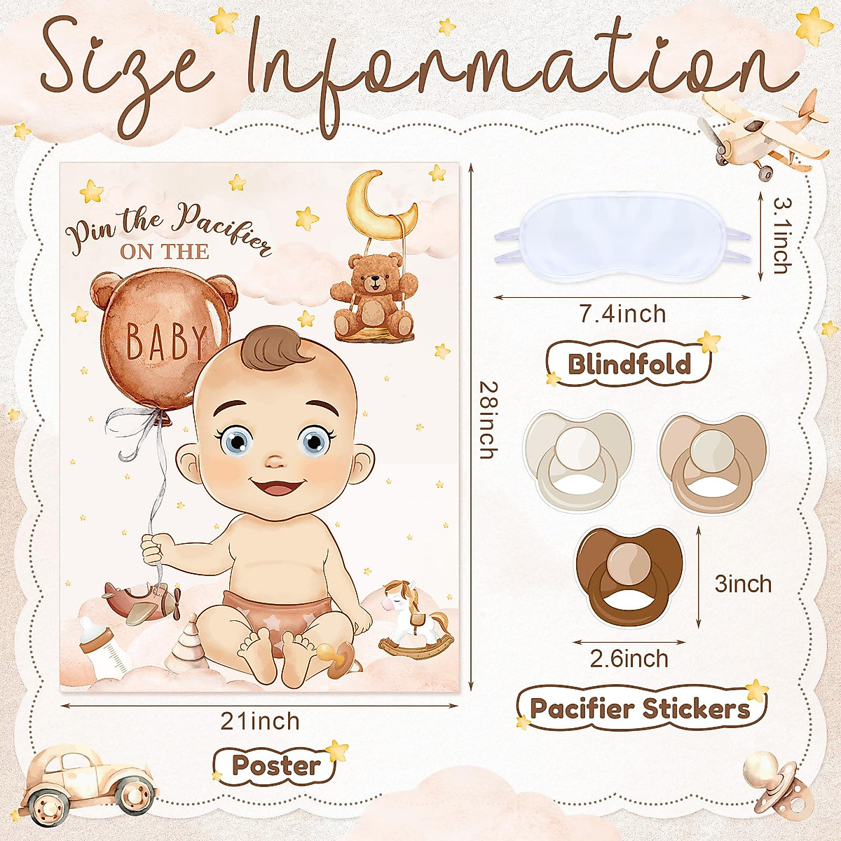 Faccito Pin The Pacifier Baby Shower Games Bear Baby Shower Decoration Include Brown Poster 24 Pacifier Stickers Blindfold Pin The Pacifier on Baby Game for Bear Baby Shower Birthday Party Supplies