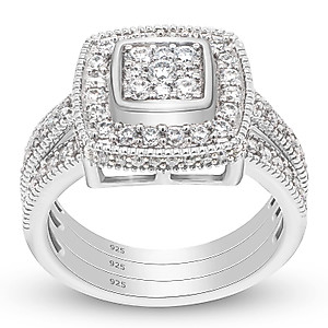 SAVEARTH DIAMONDS 1 Carat Round Cut Lab Created Moissanite Diamond Square Cluster Engagement Trio Ring In 14K White Gold Over Sterling Silver Wedding Ring Band Set(VVS1 Clarity, 1 Cttw)-6