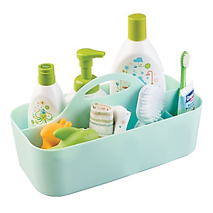 mDesign Plastic Portable Nursery Storage Organizer Caddy Tote - Divided Basket Bin with Handle - Holds Bottles, Spoons, Bibs, Pacifiers, Diapers, Wipes, Baby Lotion - Lumiere Collection - Mint Green