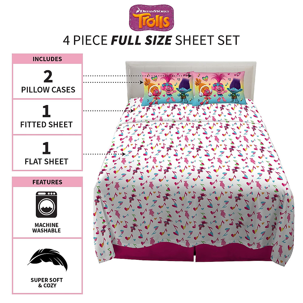 Franco Kids Bedding Super Soft Sheet Set, 4 Piece Full Size, Trolls(Print May Vary)