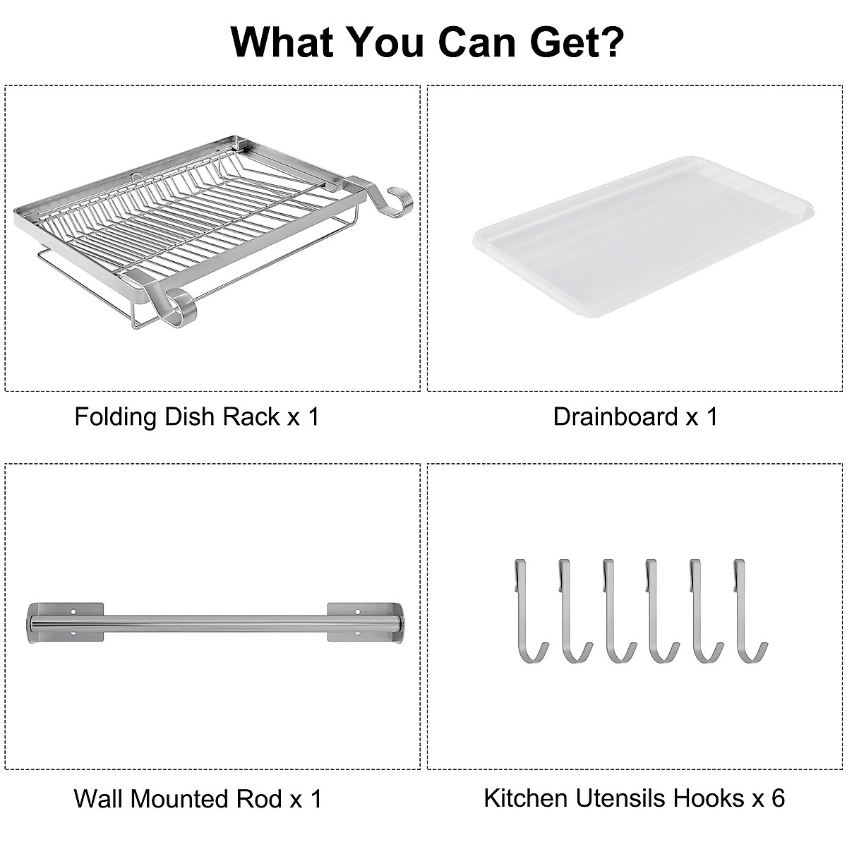 TQVAI Stainless Steel Hanging Dish Drainer Folding Dish Drying Rack with Rod, Drainboard and Hanging S Hooks - Silver