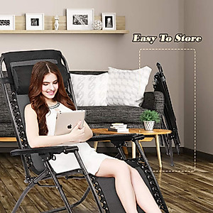 Patio Lounge Chair Chaise Recliner Outdoor Folding Adjustable Heavy Duty Zero Gravity Chair with Cup Holder and Pillows for Patio, Pool, Beach, Lawn, Deck, Yard - Black